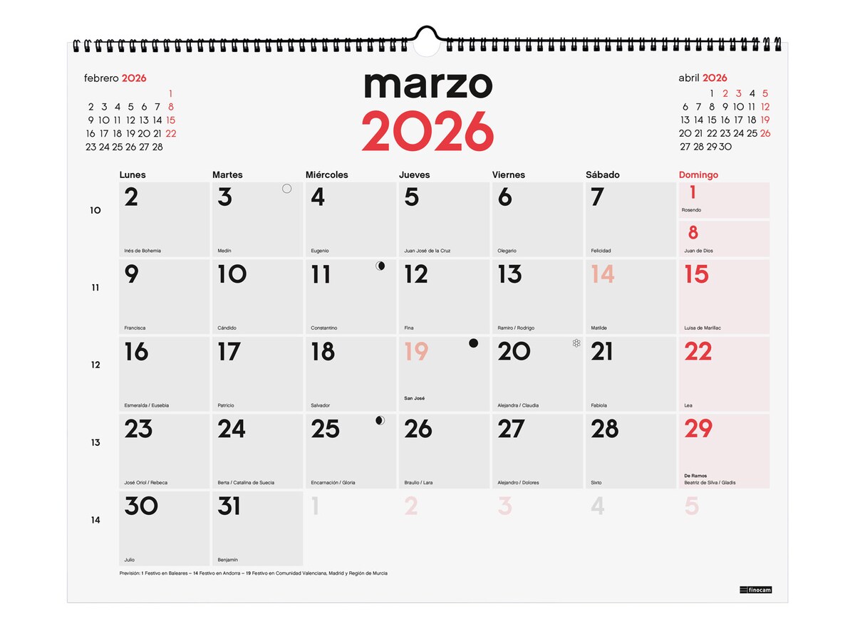 Calendario pared mixto doble funcionalidad año 2026 Neutro números ...