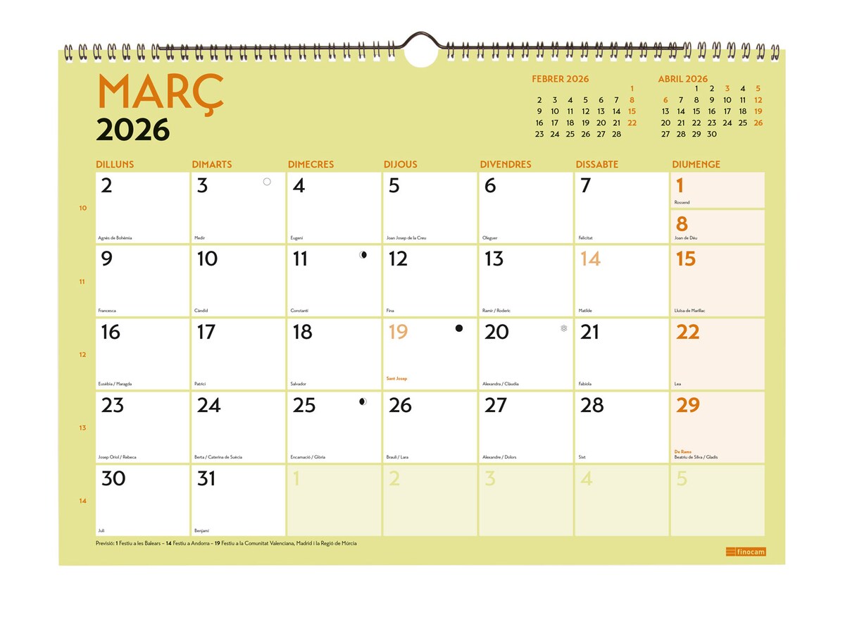 Calendario pared año 2026 Grafik A3 - 420x297 mm Mes Vista Finocam catalán · FINOCAM · El Corte ...