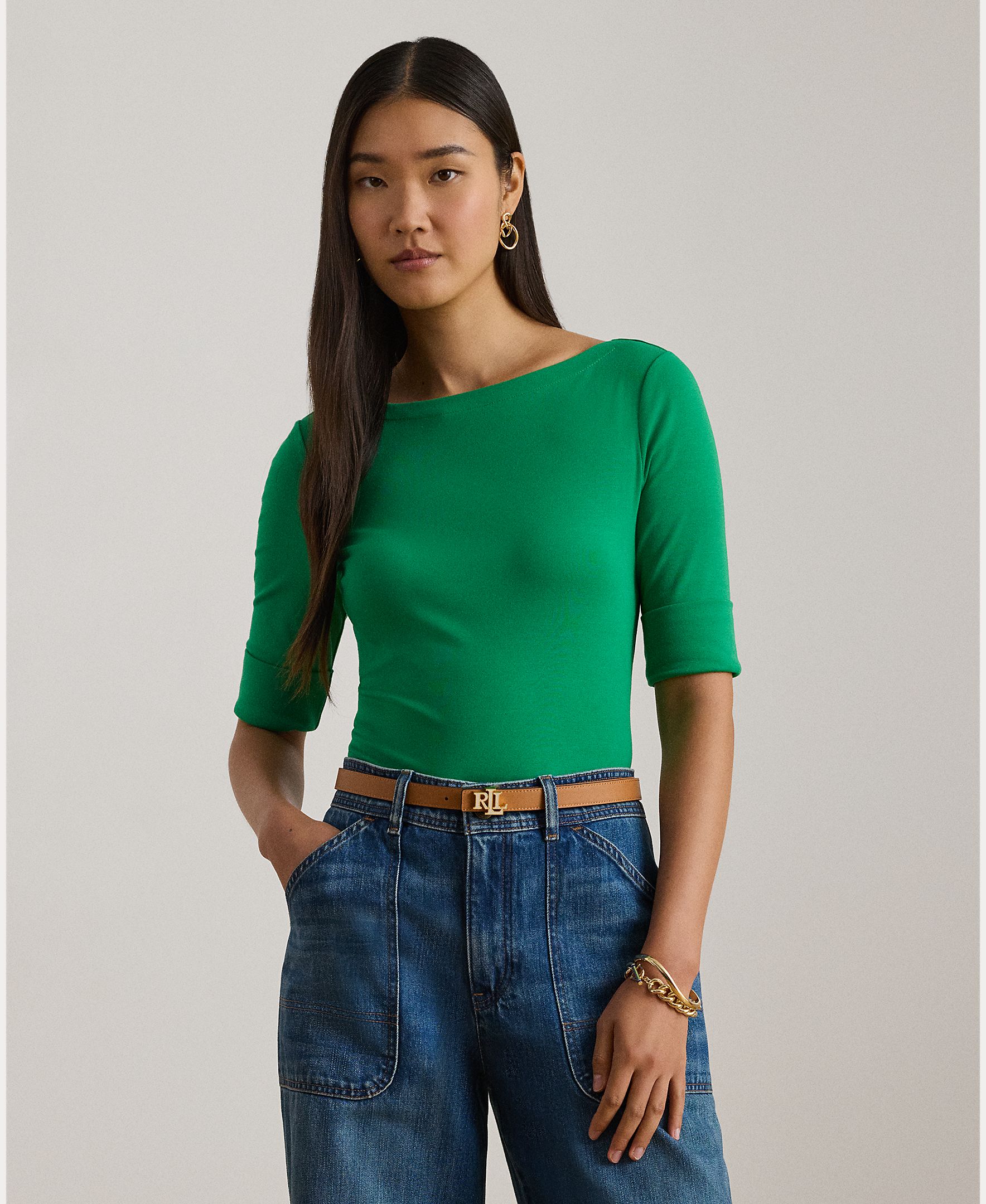 Camiseta de mujer de algodón con cuello barco Verde Lauren Ralph Lauren ...