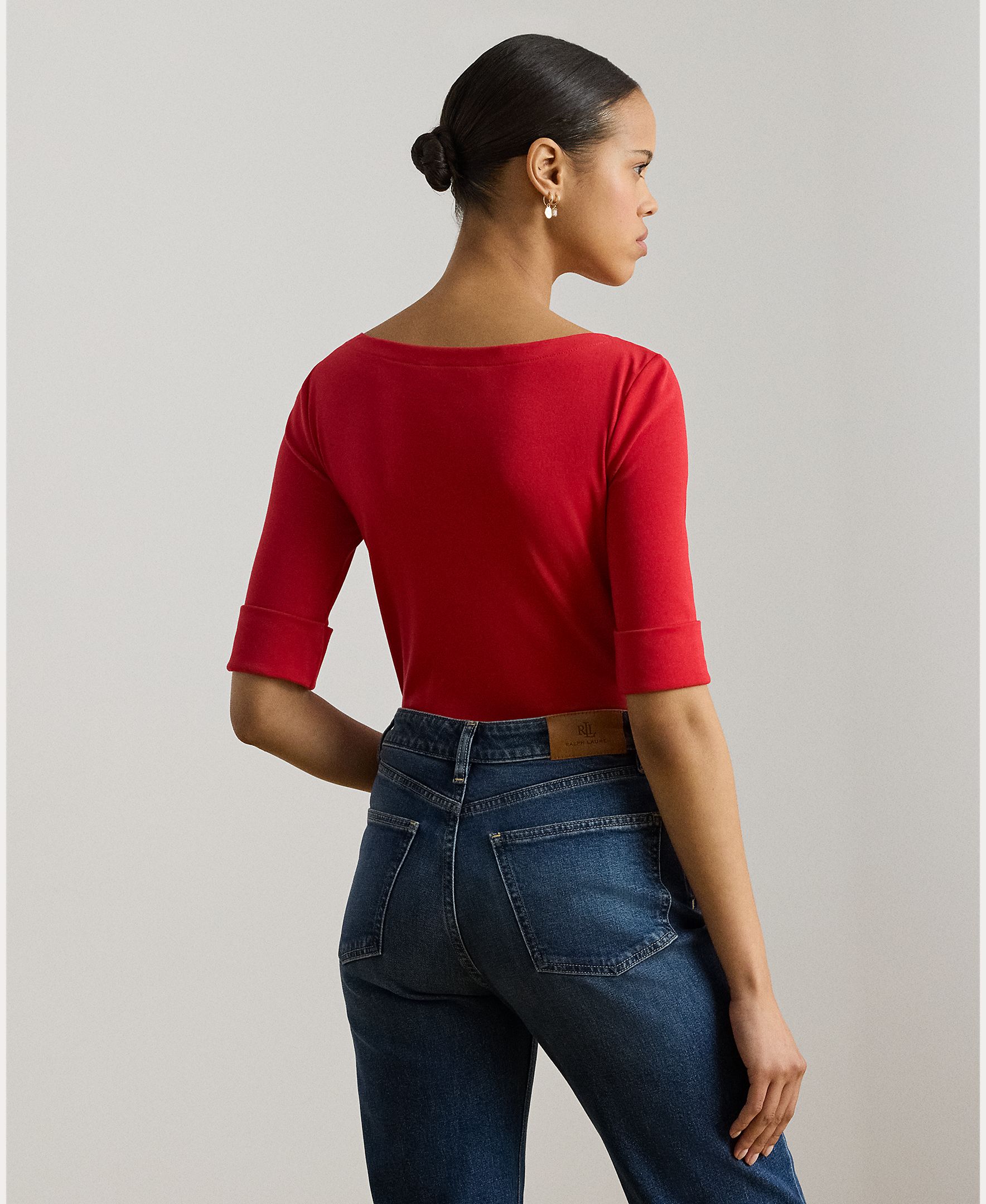 Camiseta de mujer de algodón con cuello barco Rojo Lauren Ralph Lauren ...
