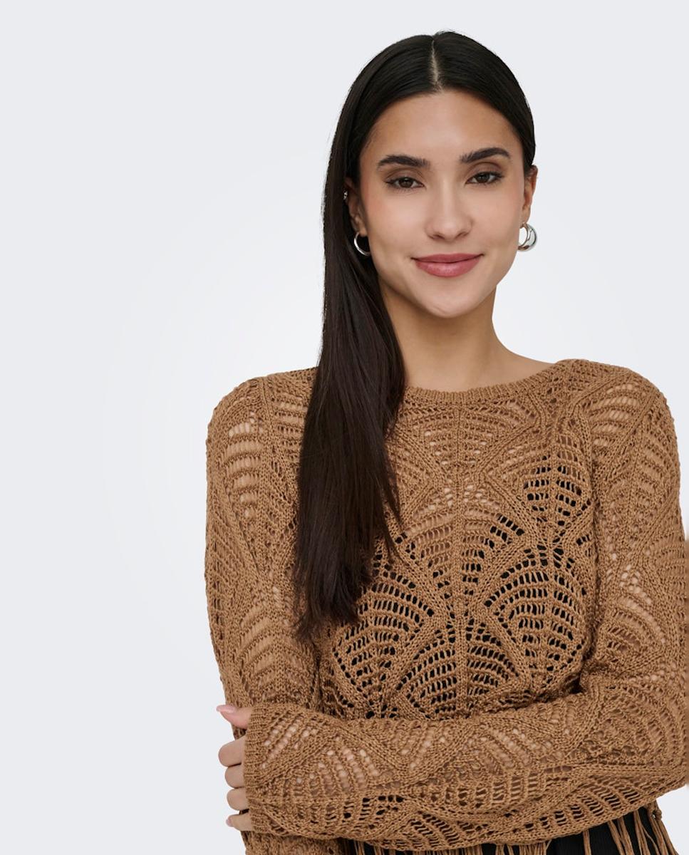 Jersey de mujer calado de manga larga y cuello redondo Marrón claro ...