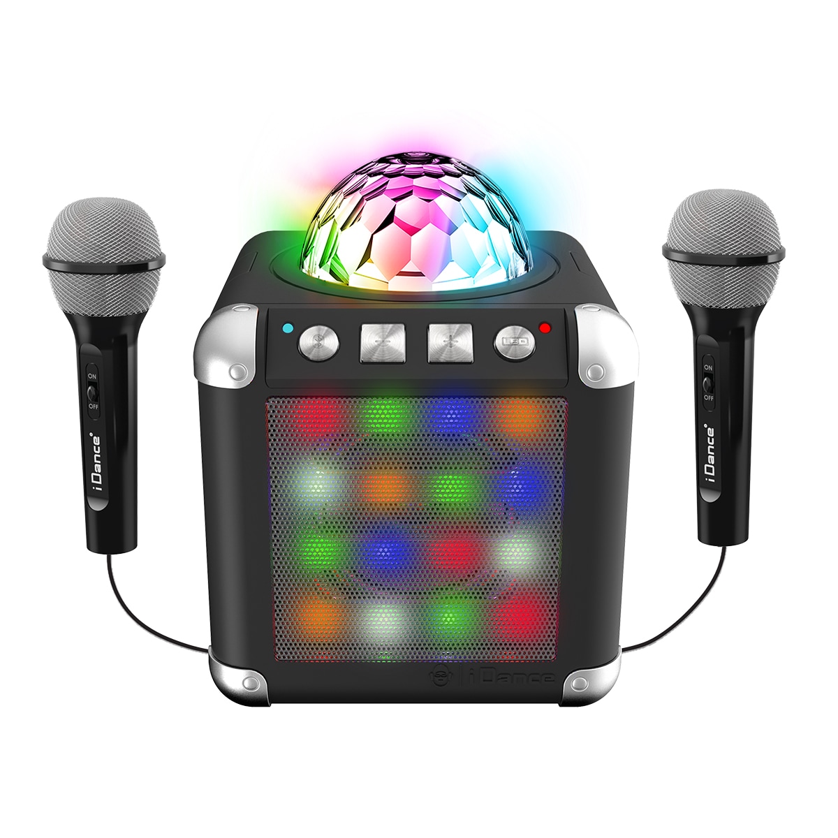 Karaoke con dos micrófonos, amplificador, luces led y disco Ball Cube ...