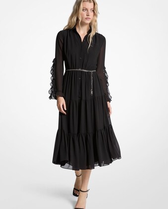 Vestido midi de georgette con volantes en las mangas · Michael Michael ...