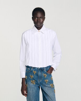 Camisa de mujer corta con pliegues evasé y manga larga · Sandro · El ...