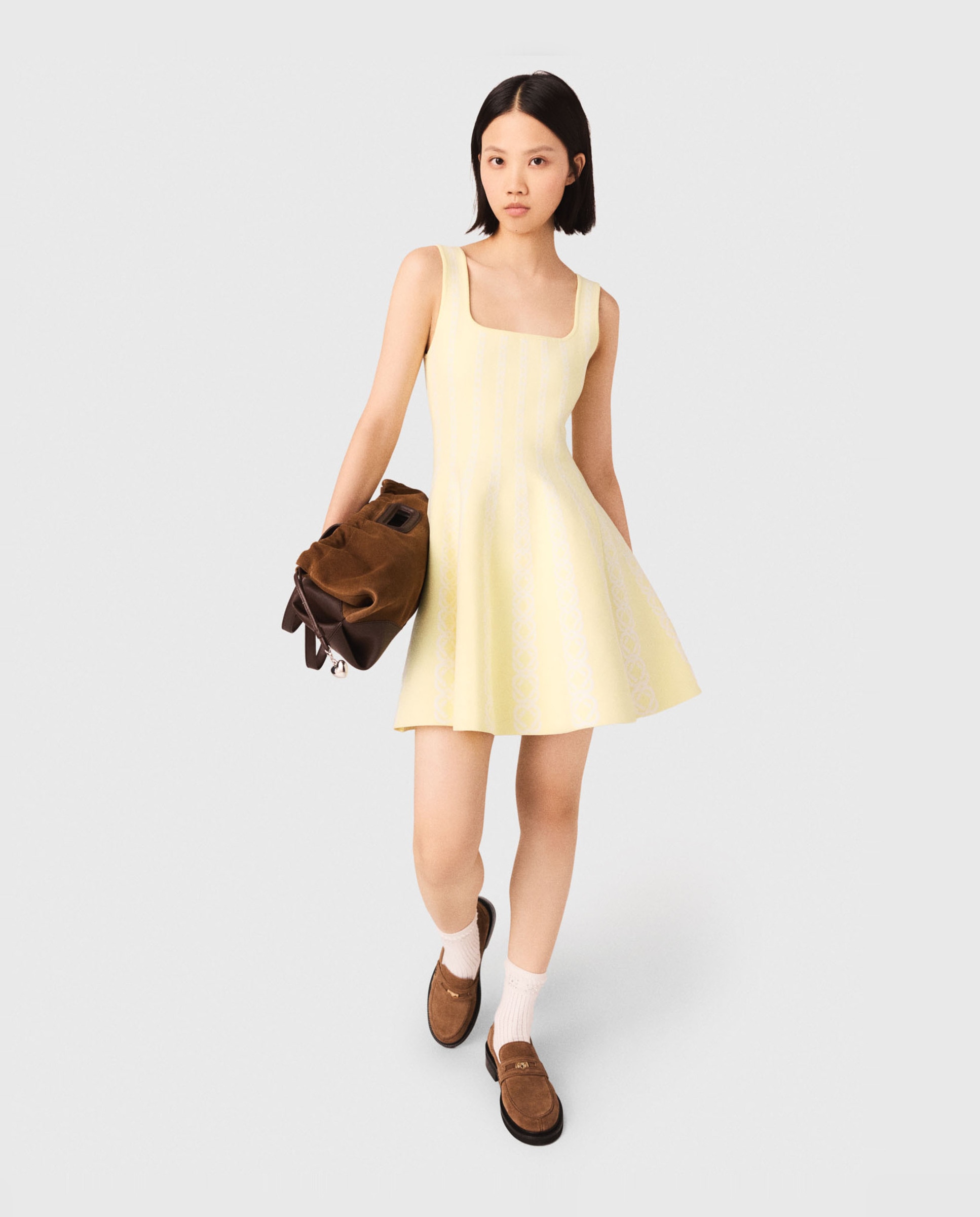 Vestido corto skater de punto jacquard con escote cuadrado Amarillo ...