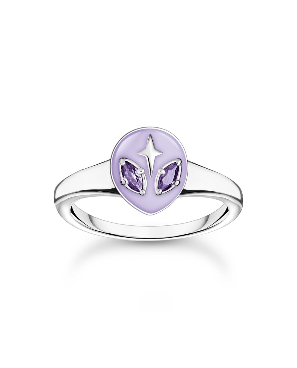 Anillo de plata con cabeza de alien esmalte en frío y piedras violetas ...