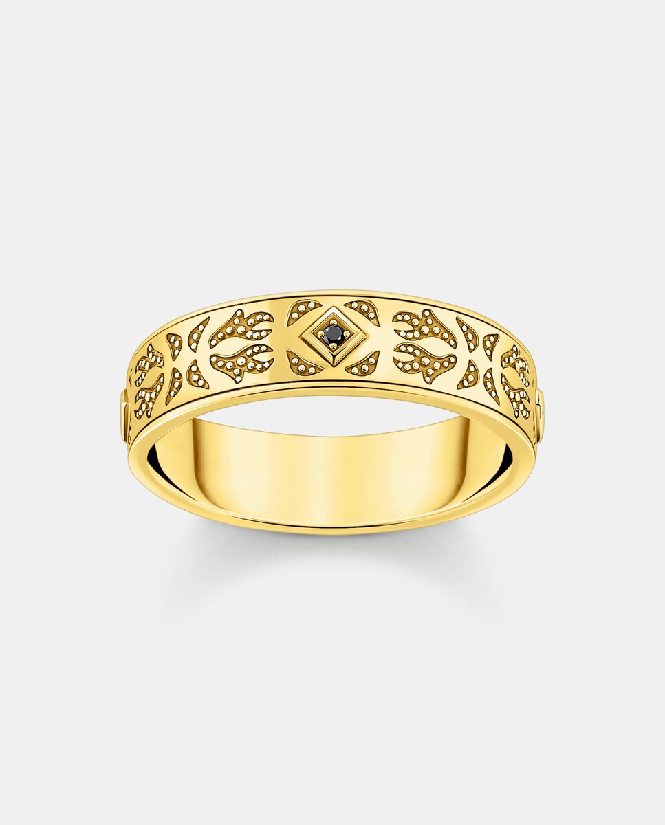 Anillo banda con baño de oro, detalles sofisticados y piedras negras ...