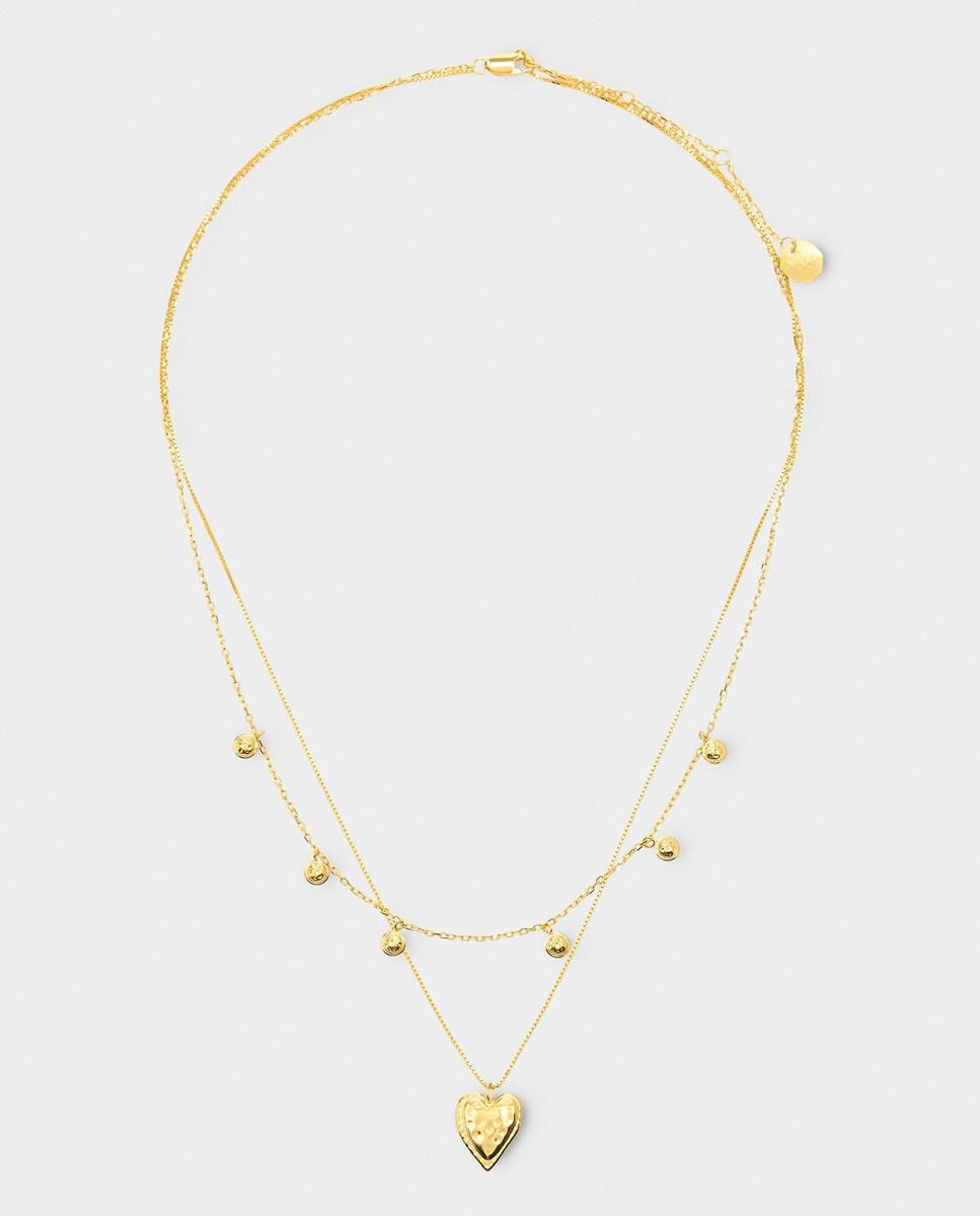 Collar de plata de ley doble con abalorios y detalle de corazón Dorado ...