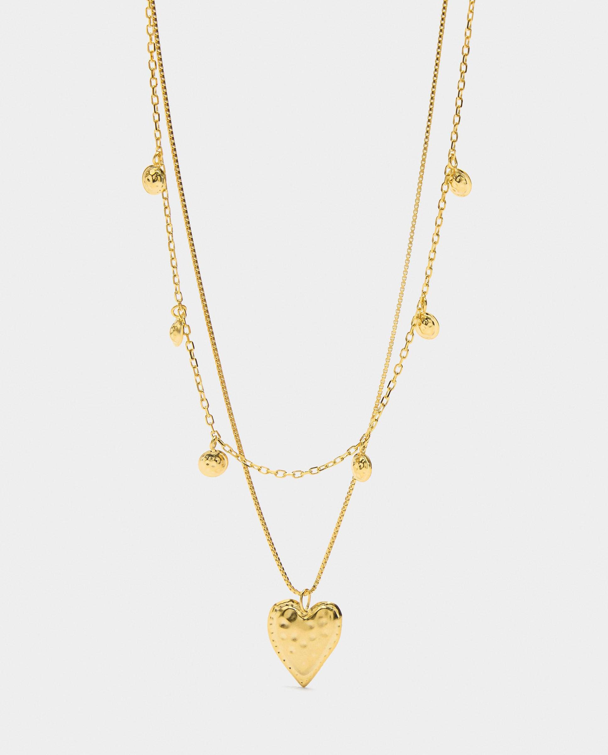 Collar de plata de ley doble con abalorios y detalle de corazón Dorado ...