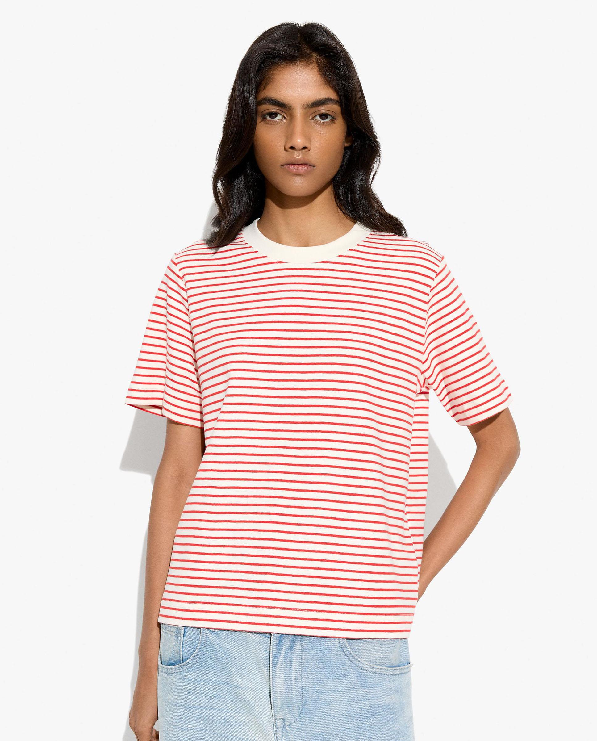 Camiseta de mujer 100% algodón de manga corta con estampado de rayas ...