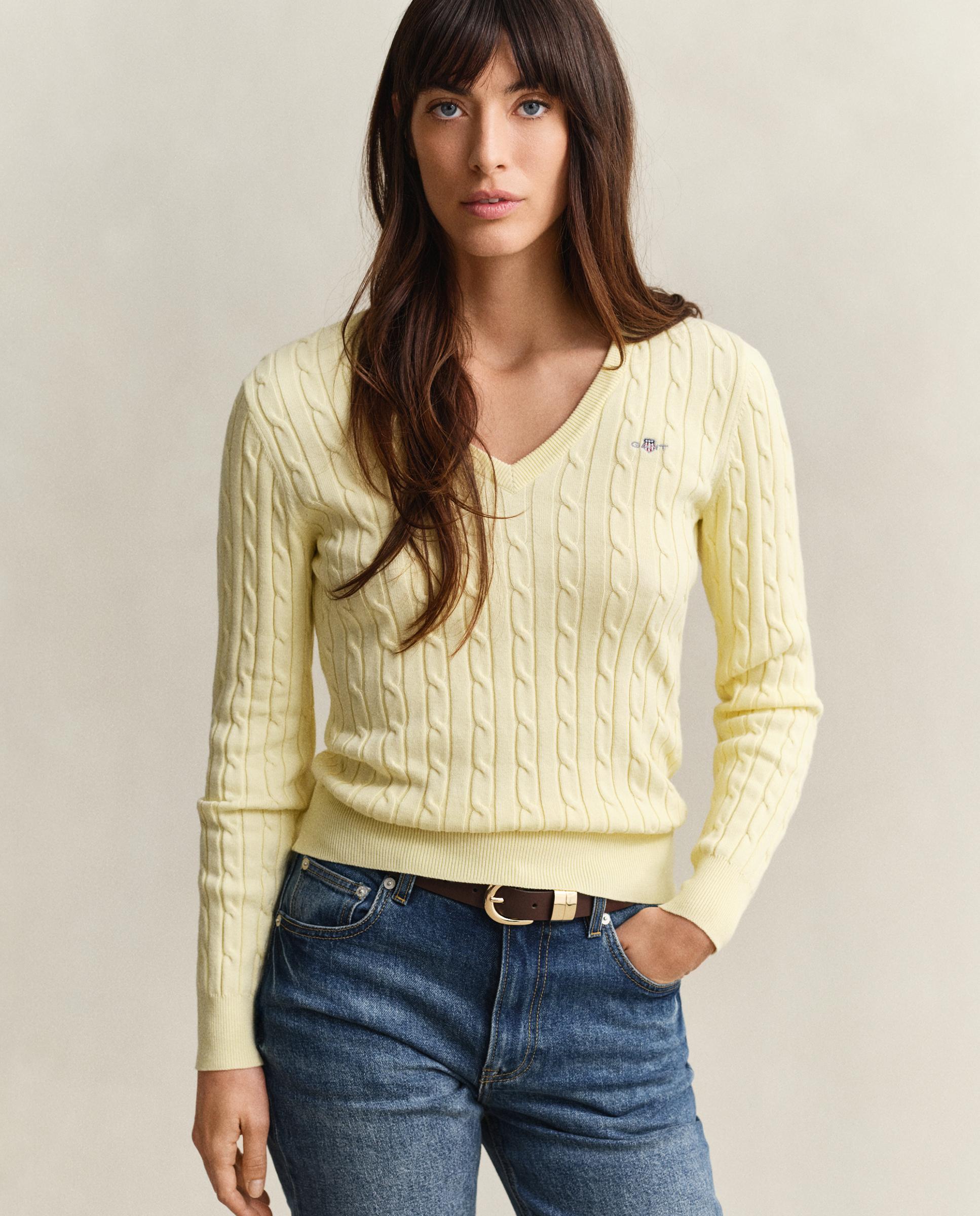 Jersey de mujer de cuello de pico en punto de ochos Amarillo Gant · El ...