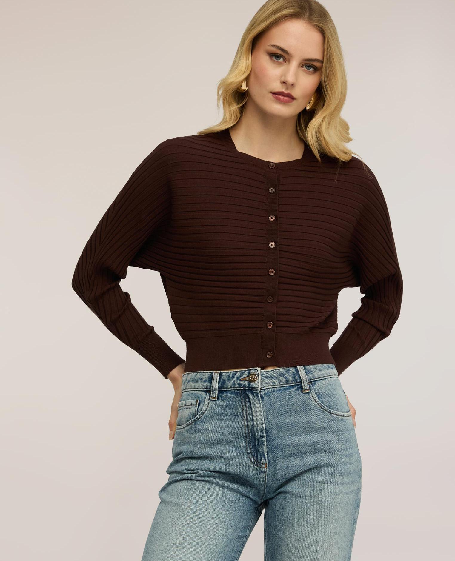 Chaqueta de mujer de punto de canalé horizontal abertura frontal con ...