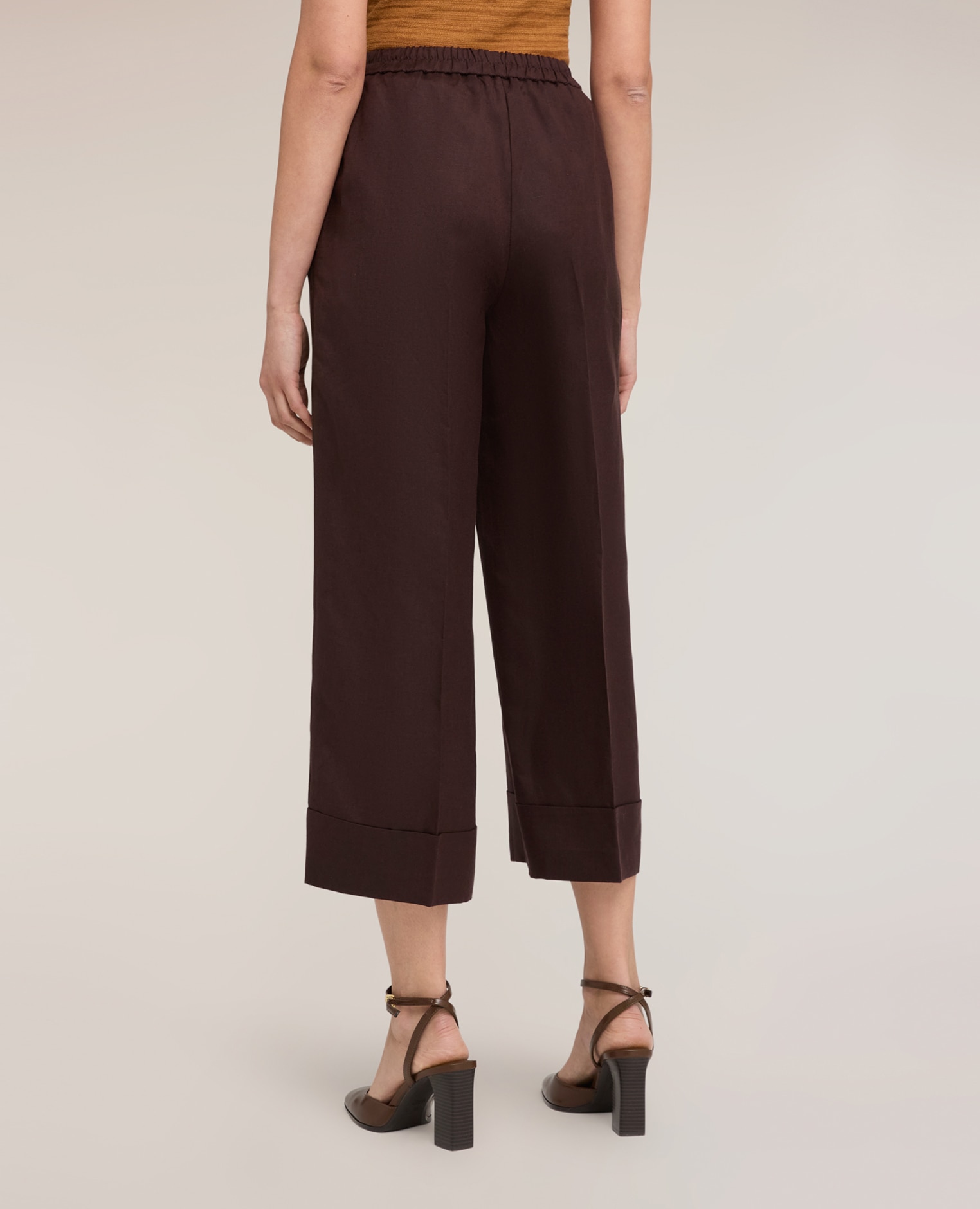 Pantalones de mujer cropped de mezcla de lino cierre con banda elástica ...
