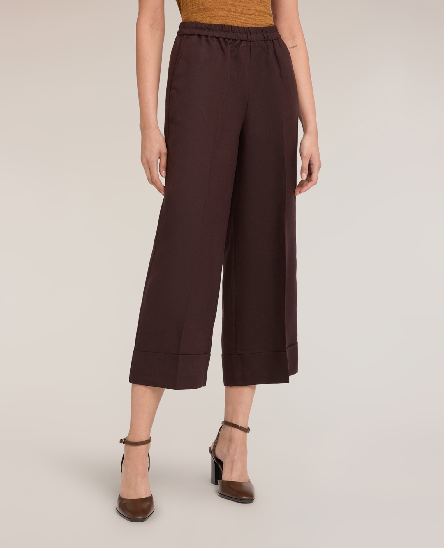 Pantalones de mujer cropped de mezcla de lino cierre con banda elástica ...