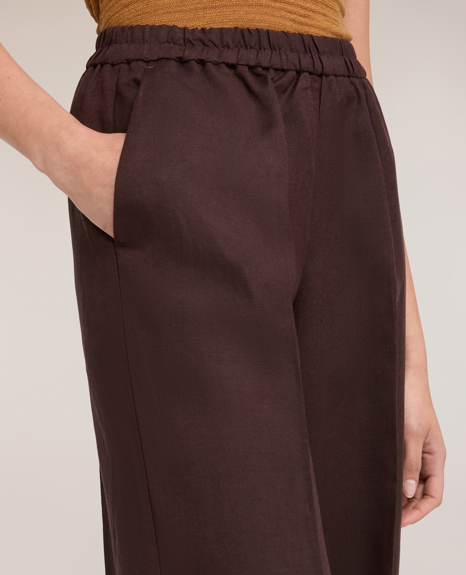Pantalones de mujer cropped de mezcla de lino cierre con banda elástica ...