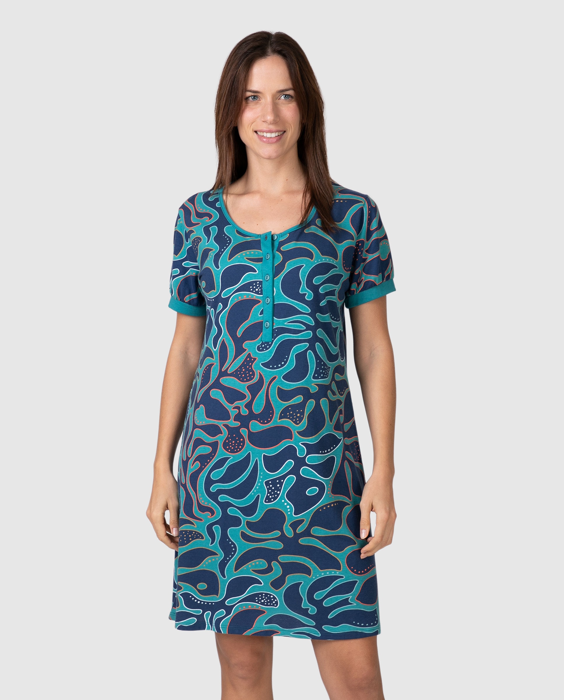 Camisón corto de mujer de manga corta con estampado abstracto Azul ...