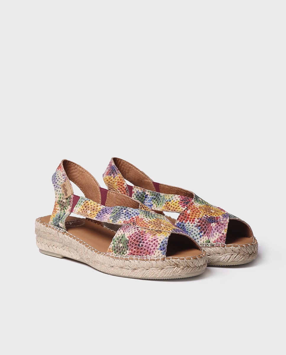 Alpargatas de cuña de mujer de piel con estampado de flores y elásticos ...
