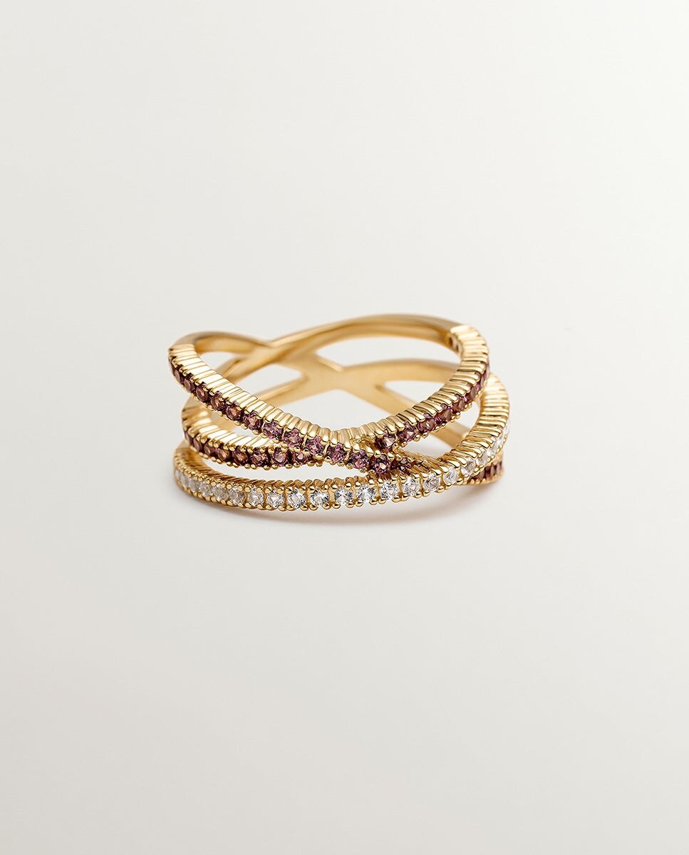 Anillo triple cruzado de plata bañada en oro amarillo de 18K con ...