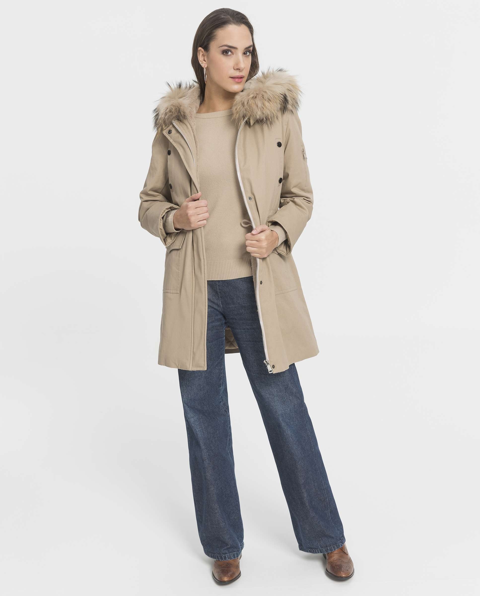 Parka de mujer con forro de conejo y capucha Beige De la Roca · El ...