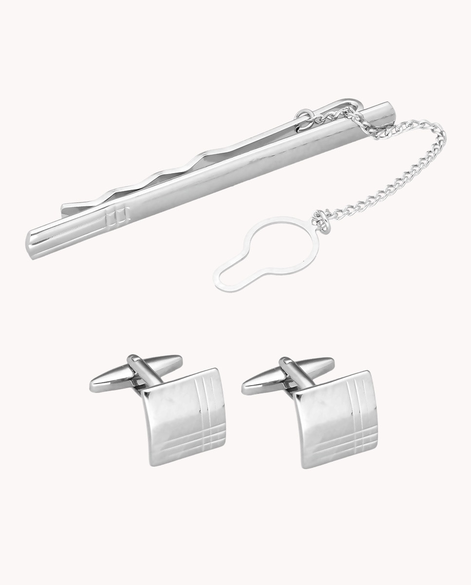 Juego de gemelos y pasador de corbata de metal bañado en rodio ...
