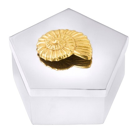 Caja decorativa metalica con tapa, pentagonal, detalle de caracola ...