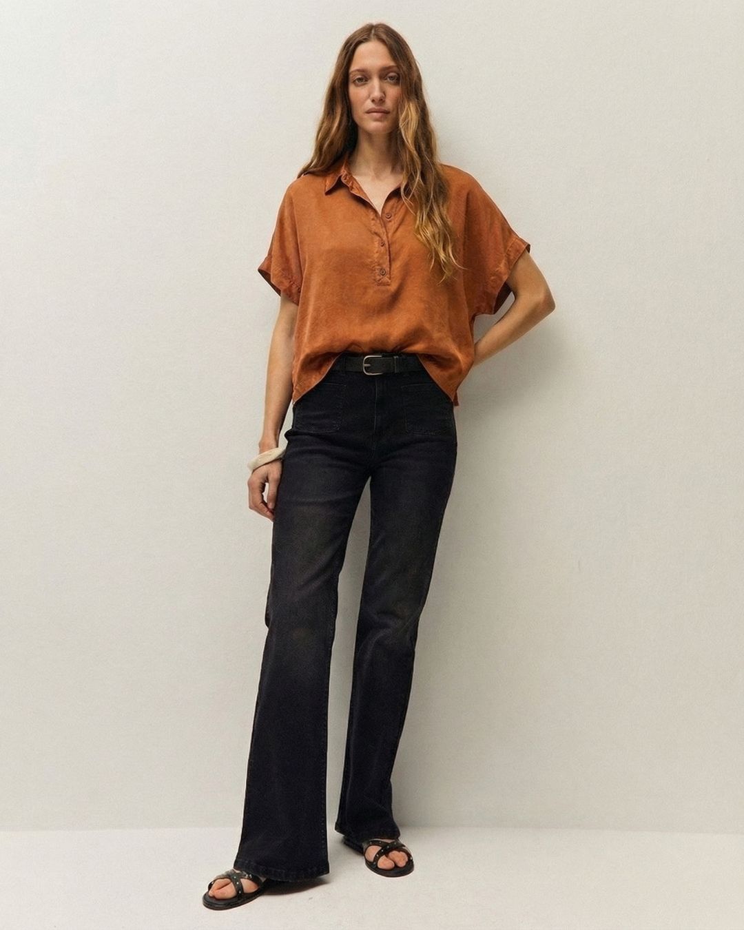 Camisa fluida satinada de mujer con efecto corrosivo Naranja System ...