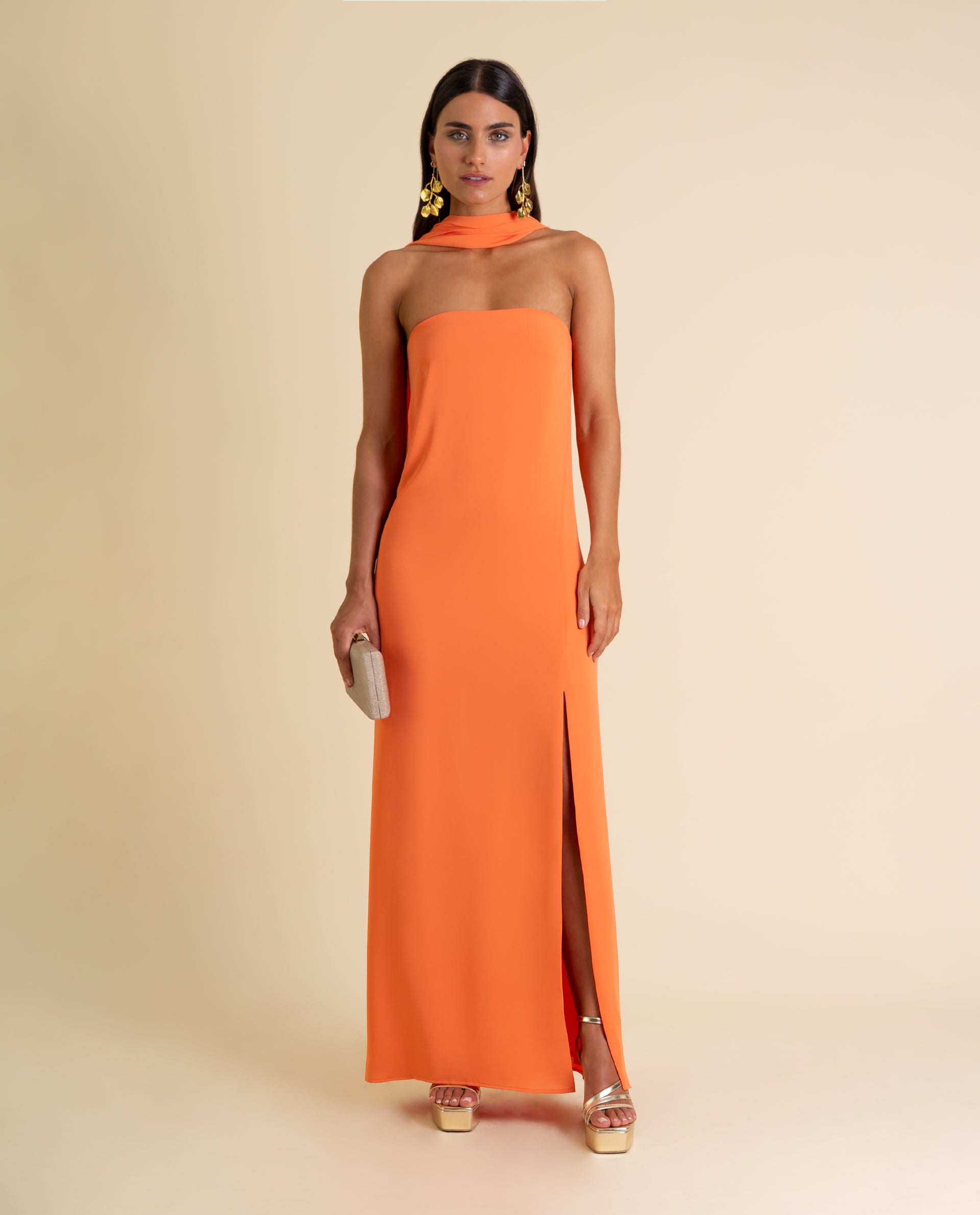 Vestido midi palabra de honor con foulard Naranja fuerte The-Are · El ...