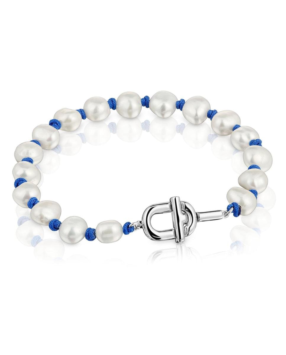 Pulsera manifesto de nylon azul con plata y perlas cultivadas Blanco ...