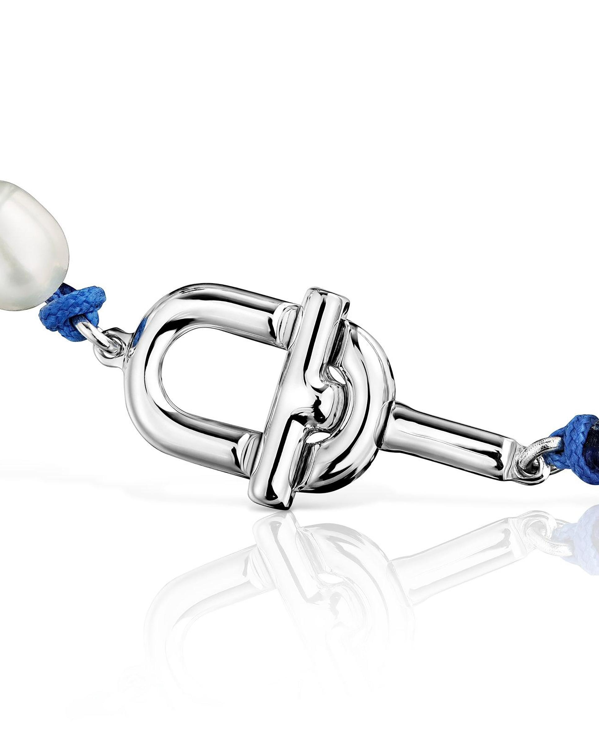 Pulsera manifesto de nylon azul con plata y perlas cultivadas Blanco ...