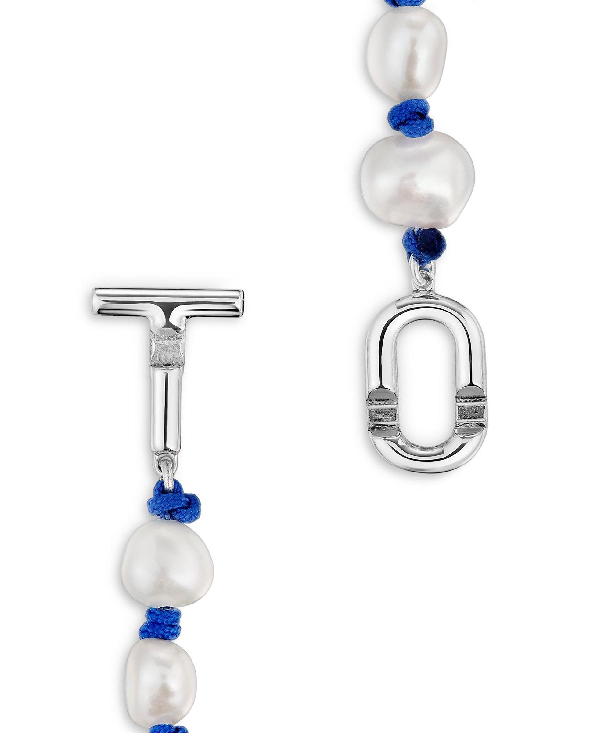 Pulsera manifesto de nylon azul con plata y perlas cultivadas Blanco ...