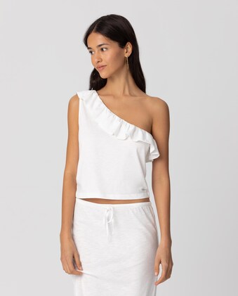 Top de mujer asimétrico con volante y logo bordado · Noon · El Corte Inglés
