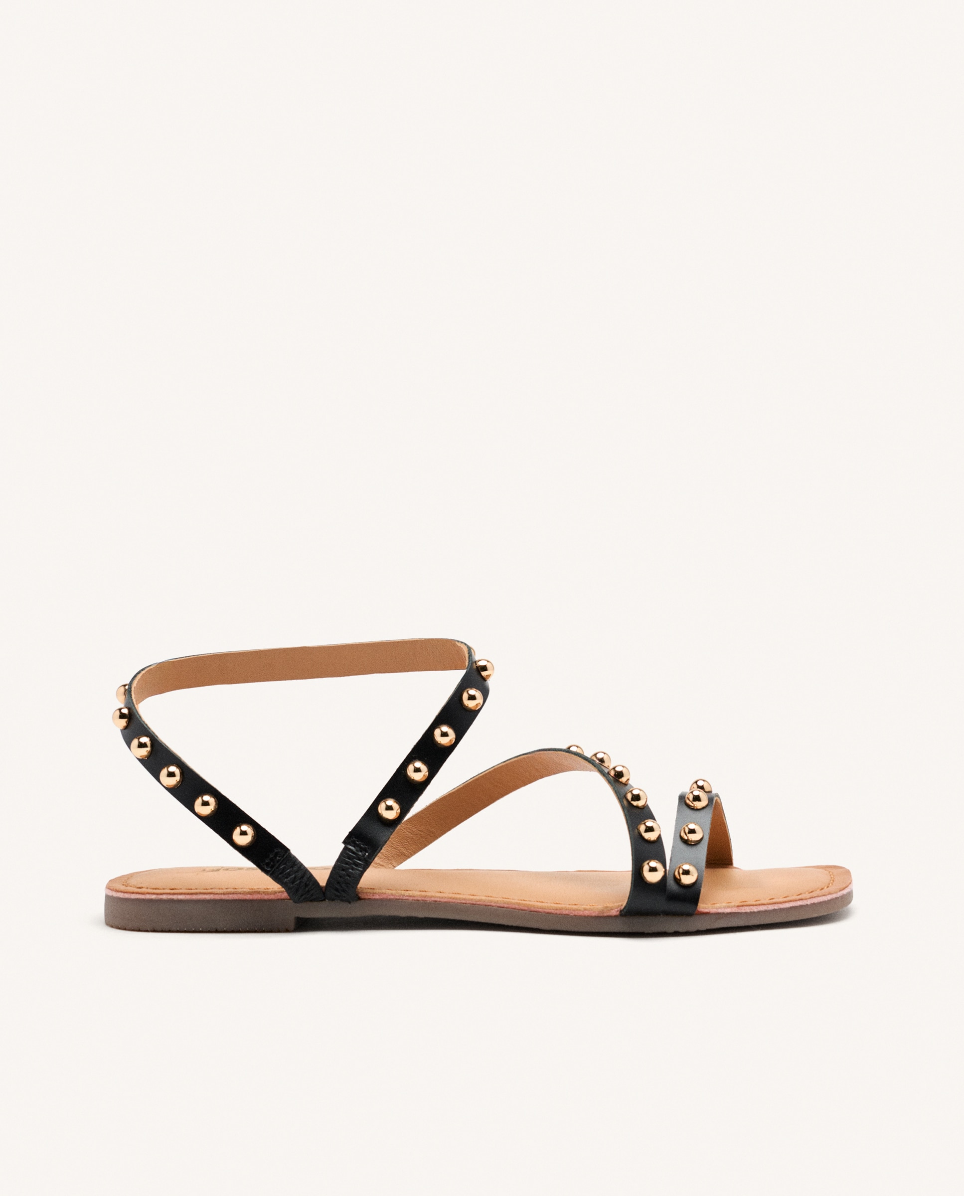 Sandalias de tiras de mujer planas de piel con adorno de tachas Marrón ...