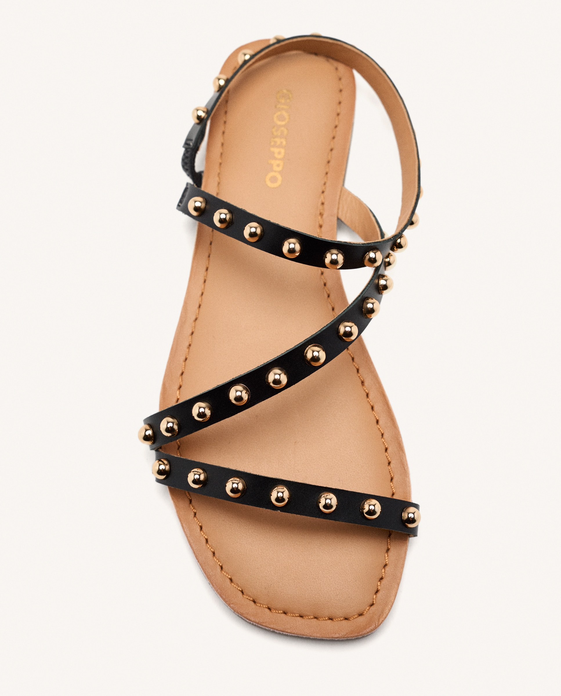 Sandalias de tiras de mujer planas de piel con adorno de tachas Marrón ...