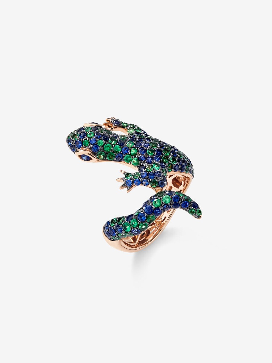 Anillo Makech de oro rosa con tsavoritas verdes y zafiros azules ...