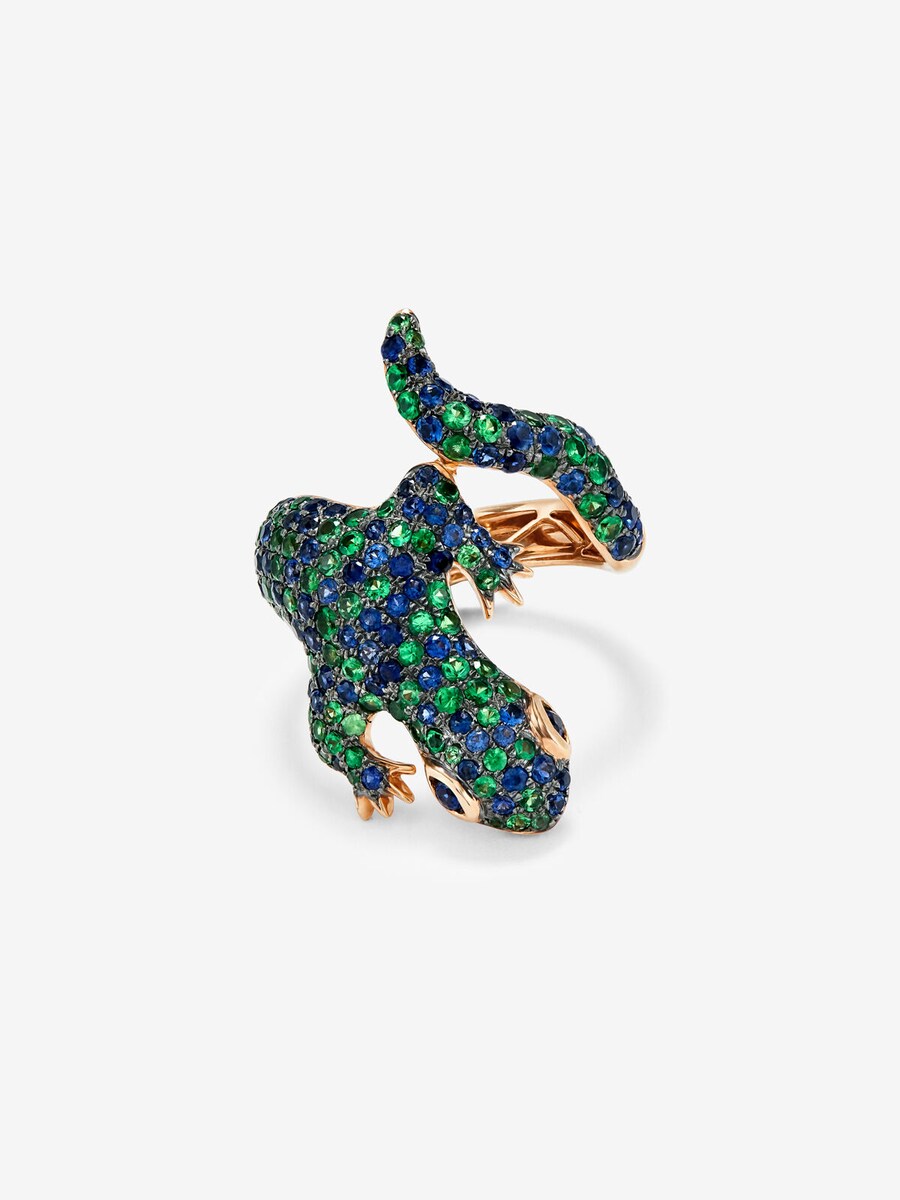 Anillo Makech de oro rosa con tsavoritas verdes y zafiros azules ...