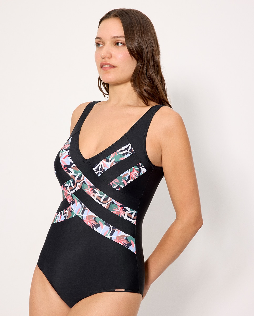Bañador reductor líneas estampado tropical en copa c Negro Ysabel Mora ...