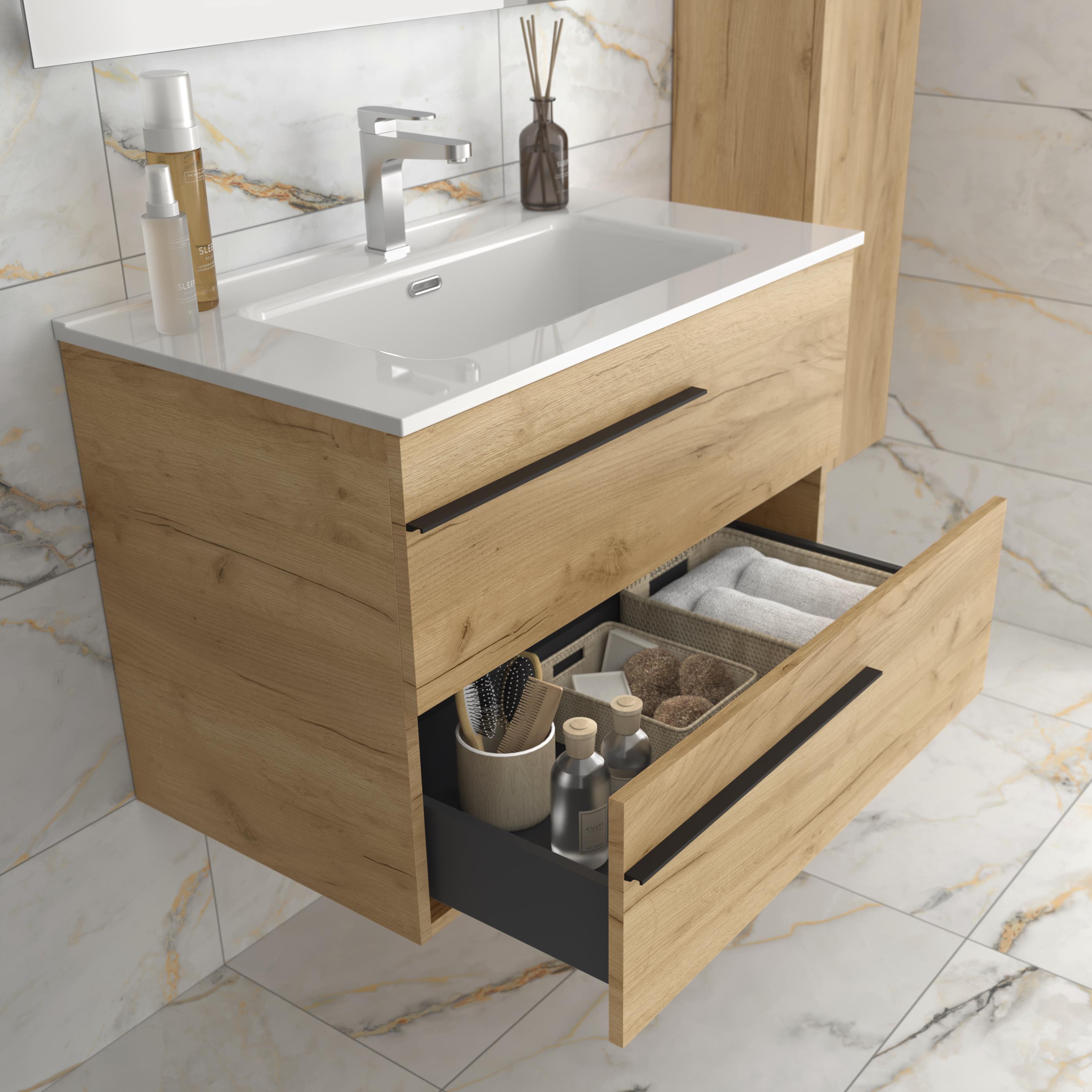 Mueble de baño con 2 cajones y lavabo de 1 poza Yara Salgar Roble 80 cm ...