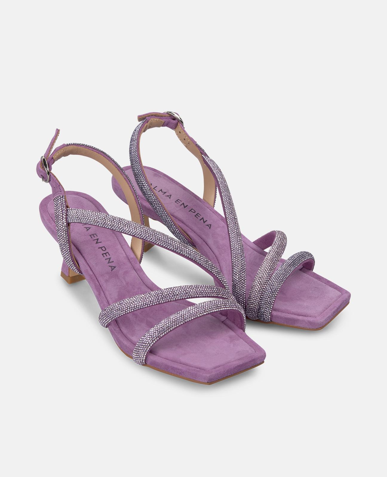 Sandalias de tacón de mujer con tiras cruzadas de pedrería y puntera ...