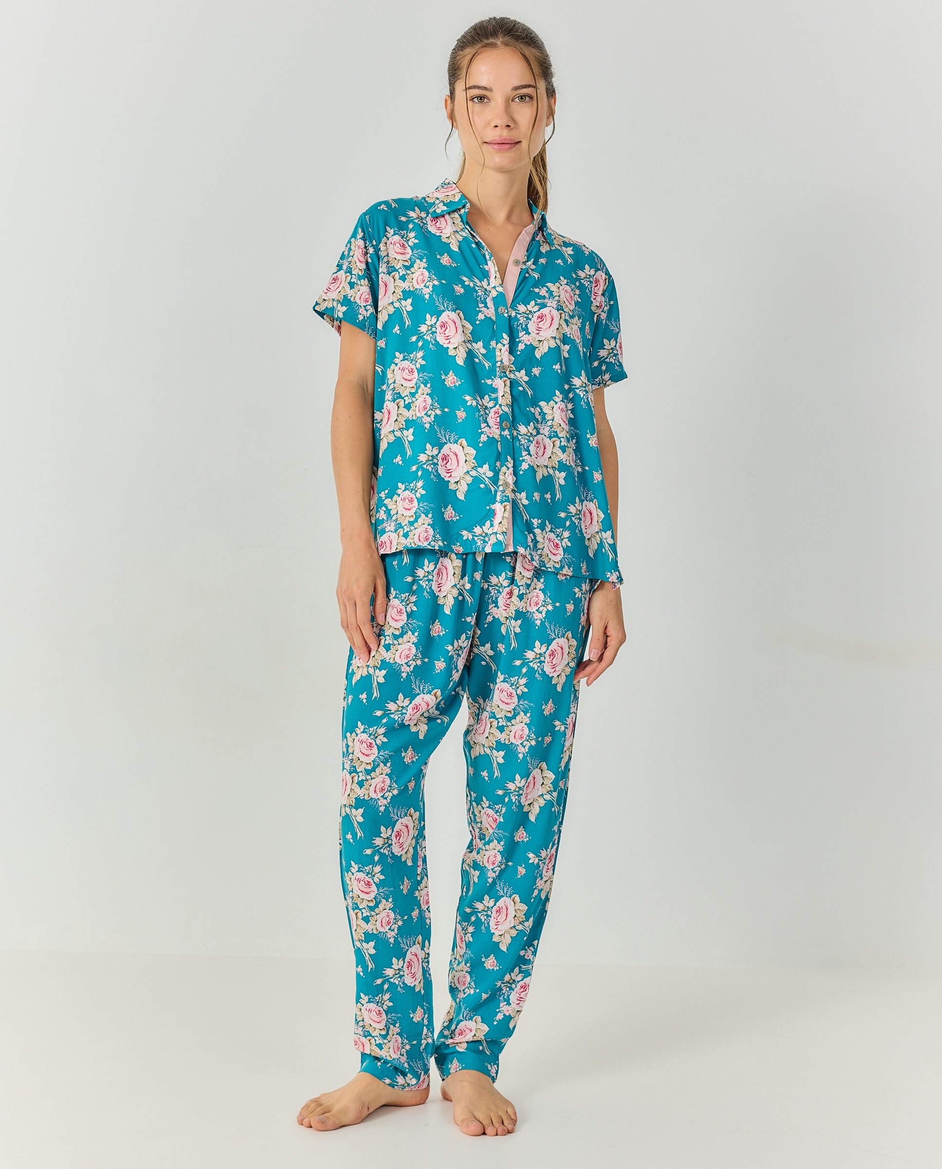 Pijama mujer estampado floral pantalón largo Azul Turquesa J&J Brothers ...
