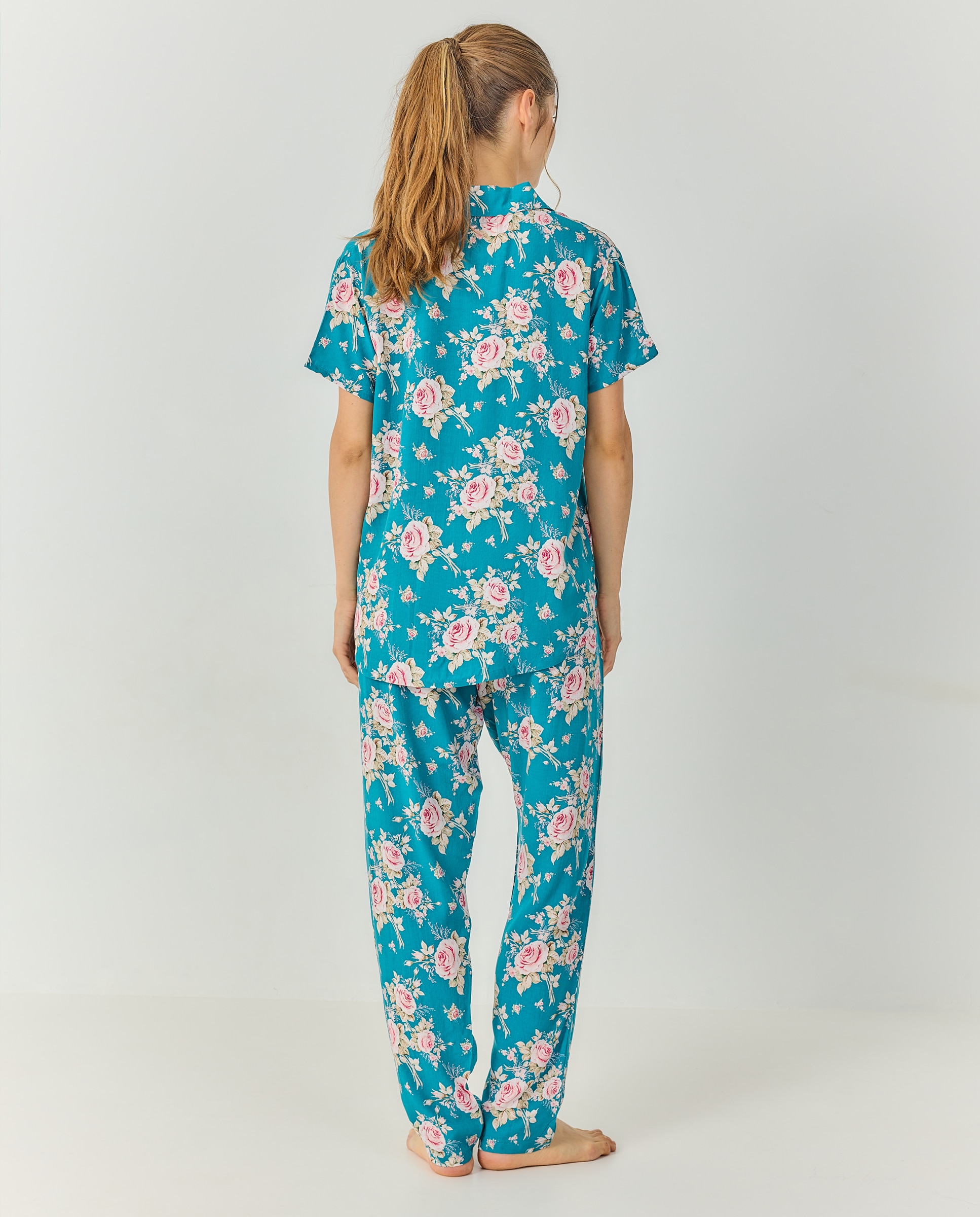 Pijama mujer estampado floral pantalón largo Azul Turquesa J&J Brothers ...