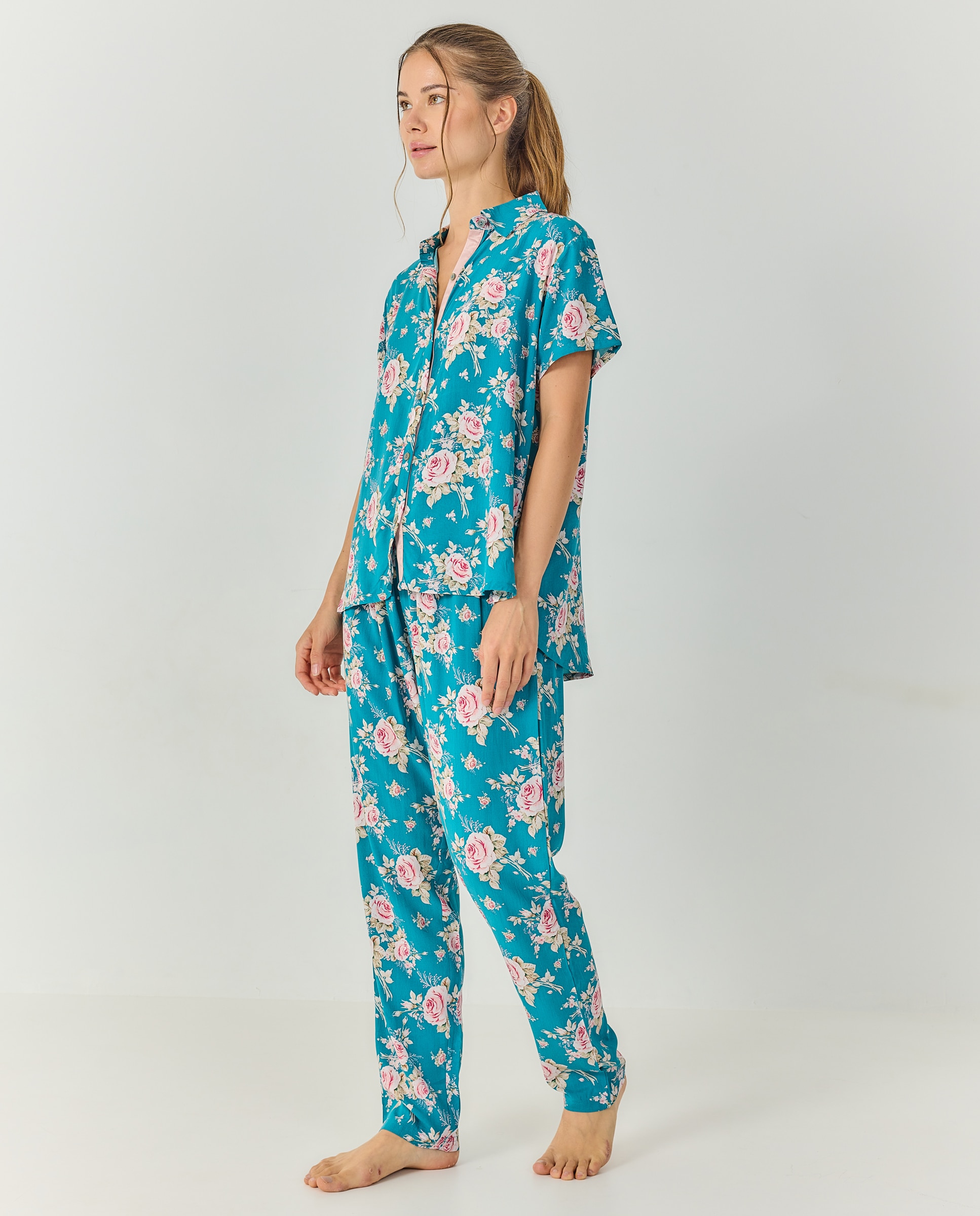Pijama mujer estampado floral pantalón largo Azul Turquesa J&J Brothers ...