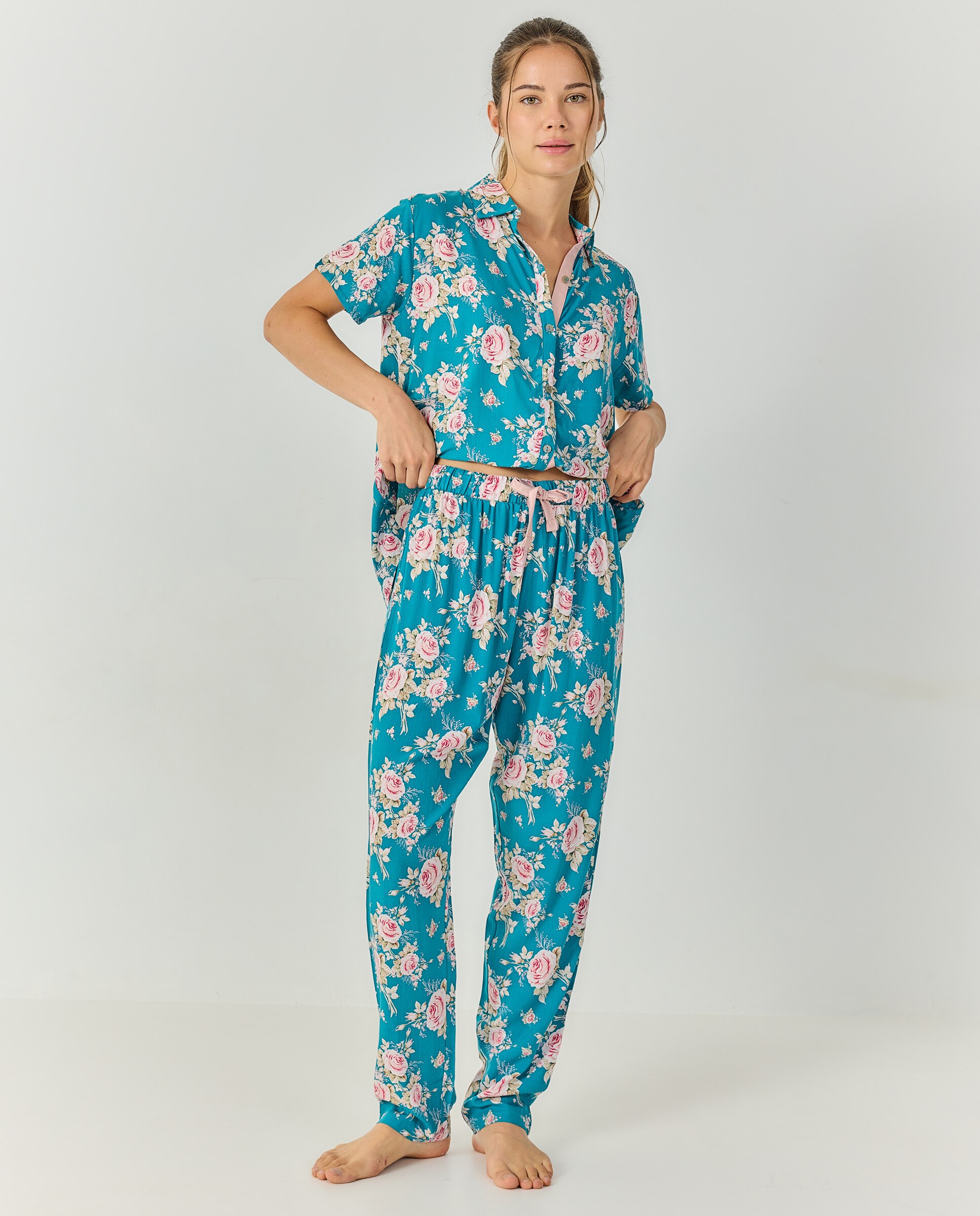 Pijama mujer estampado floral pantalón largo Azul Turquesa J&J Brothers ...
