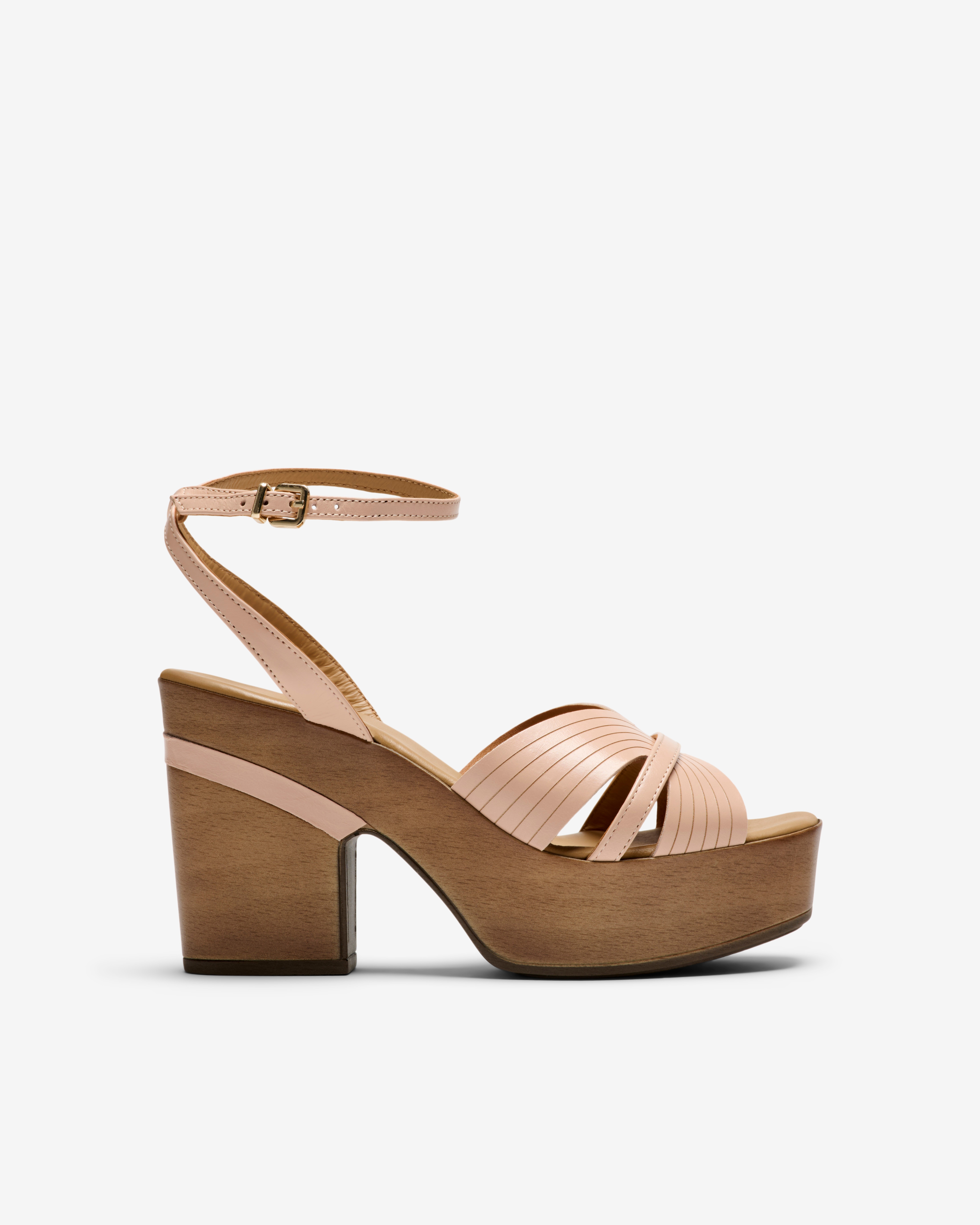 Sandalias de tacón de mujer con piso efecto madera y pulsera al tobillo ...